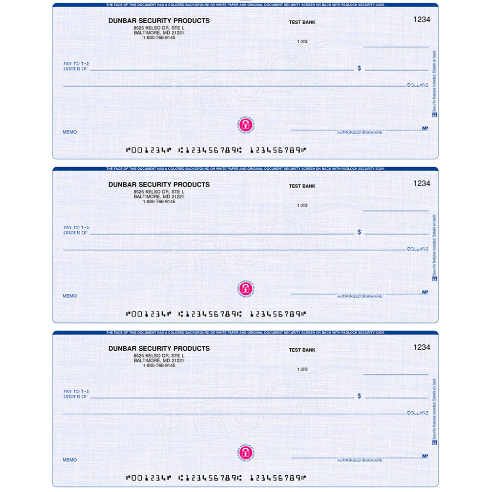 3 per page laser business checks customized to your specifications.
