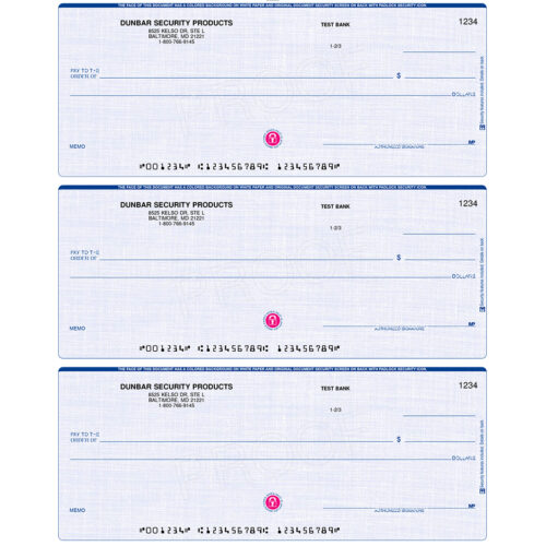 3 per page laser business checks customized to your specifications.